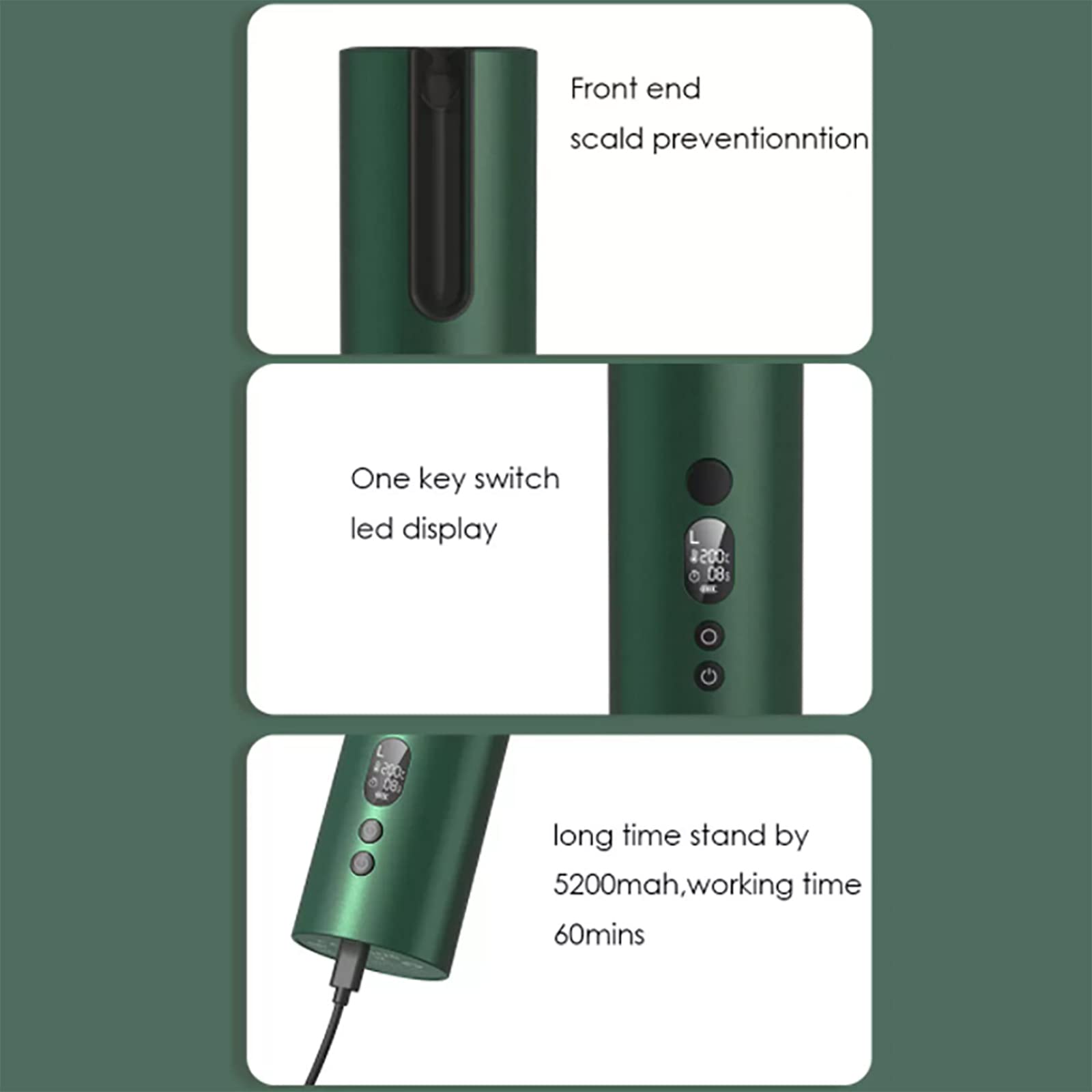 USB Rechargeable Curling Iron, Cordless Auto Curler with LCD Display, Auto Rotating Curling Wand, 5 Adjustable Temperature Setting, Professional Hair wavers for Long & Short Hair
