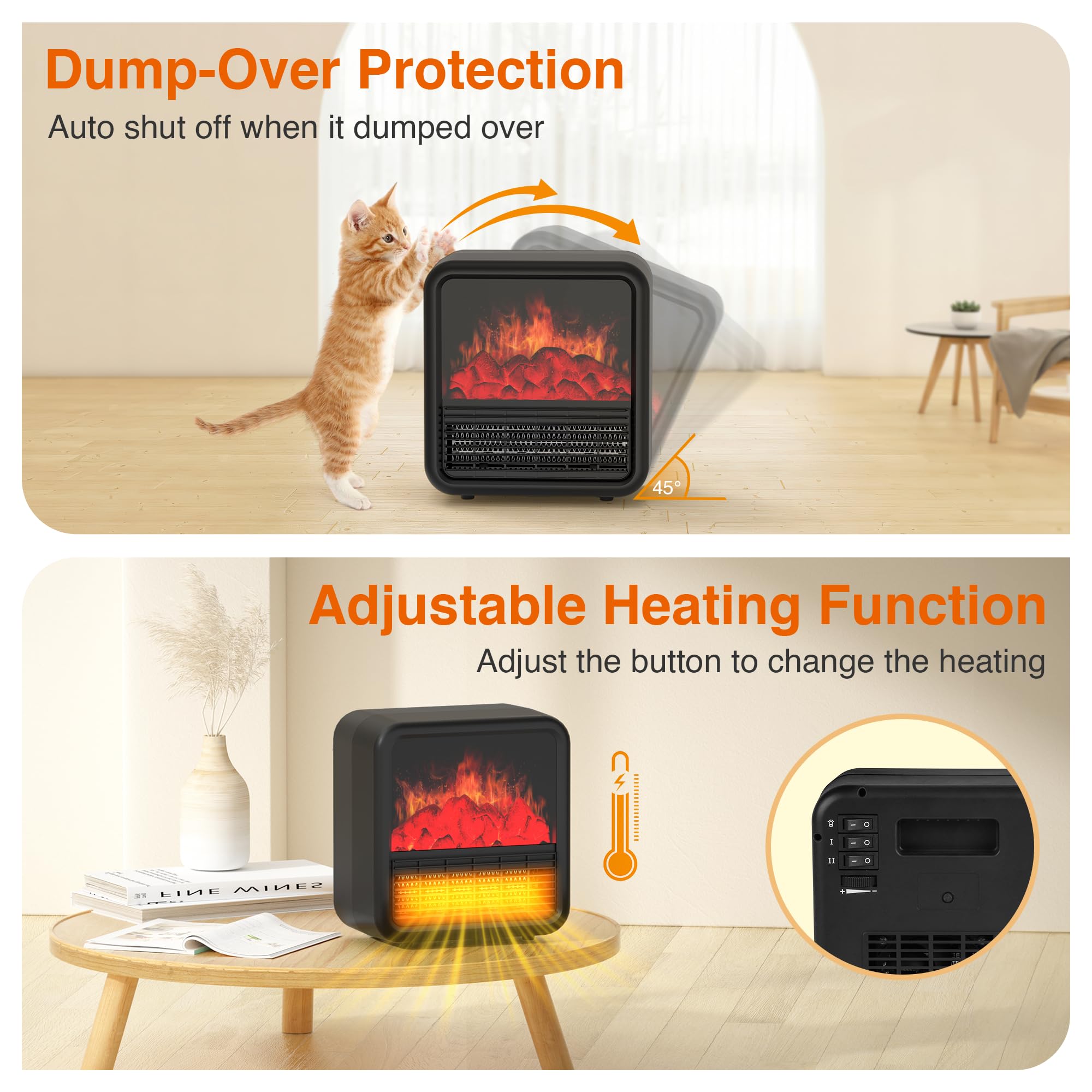 Small Portable Space Heater for indoor use with realistic 3D flame, Mini Electric Fireplace Heater with Thermostat, 1500W/750W PTC Ceramic Heating, Tip-Over Safety Switch, Black