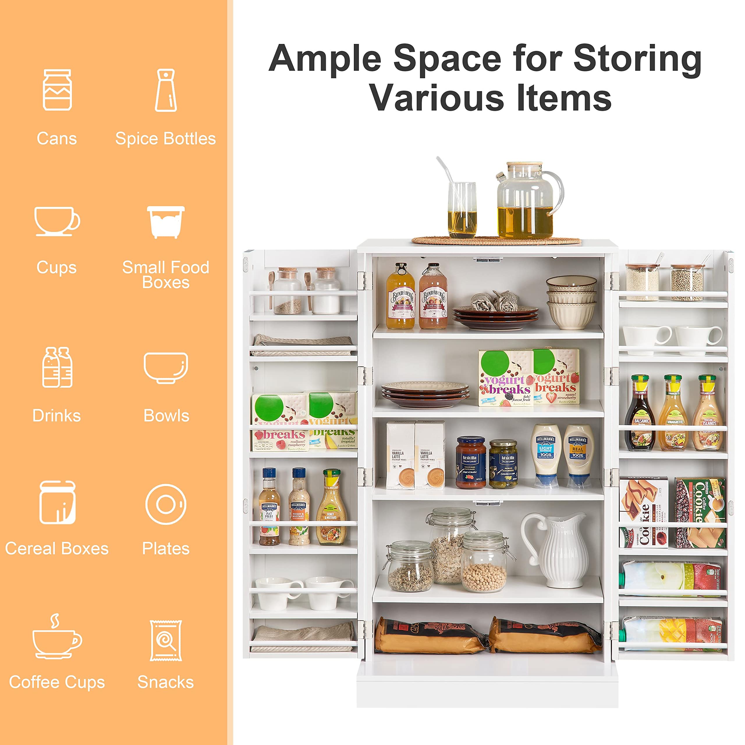 Yaheetech Storage Cabinet, Pantry Cabinet Cupboard with Door and Adjustable Shelves, Freestanding Utility Storage Cabinet for Dinning Room/Living Room, White