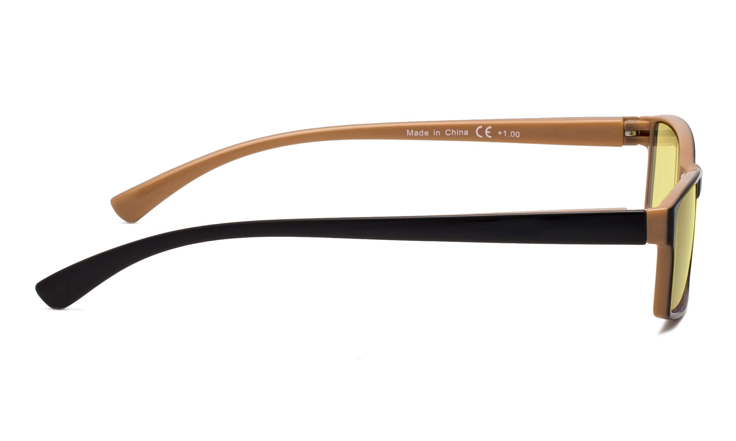 Small Rectangle Blue Light Blocking Computer Reading Glasses with Yellow Tinted Lens (Black/Brown, 1.25)
