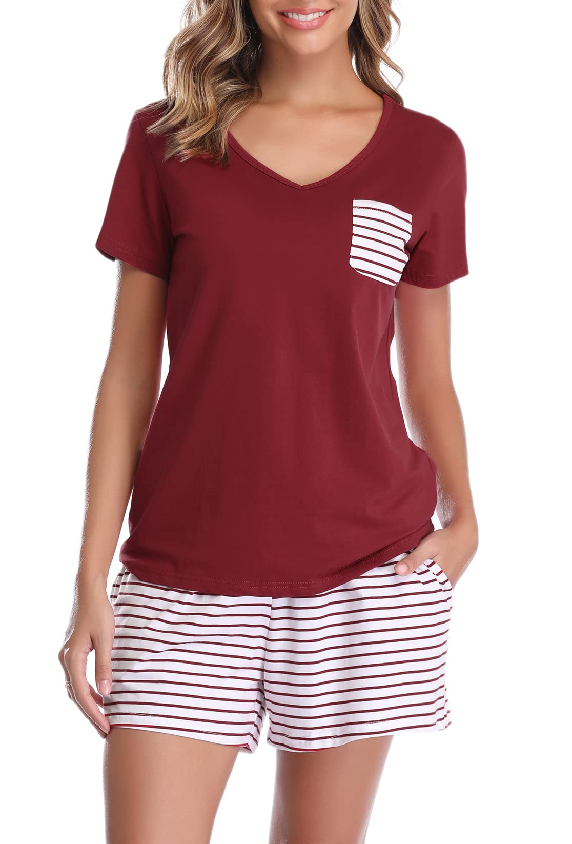 Vlazom Womens Pajama Set Cotton Short Pj Set Summer Stripe Lounge Set for Sleeping Yoga Gym Running Dark Red
