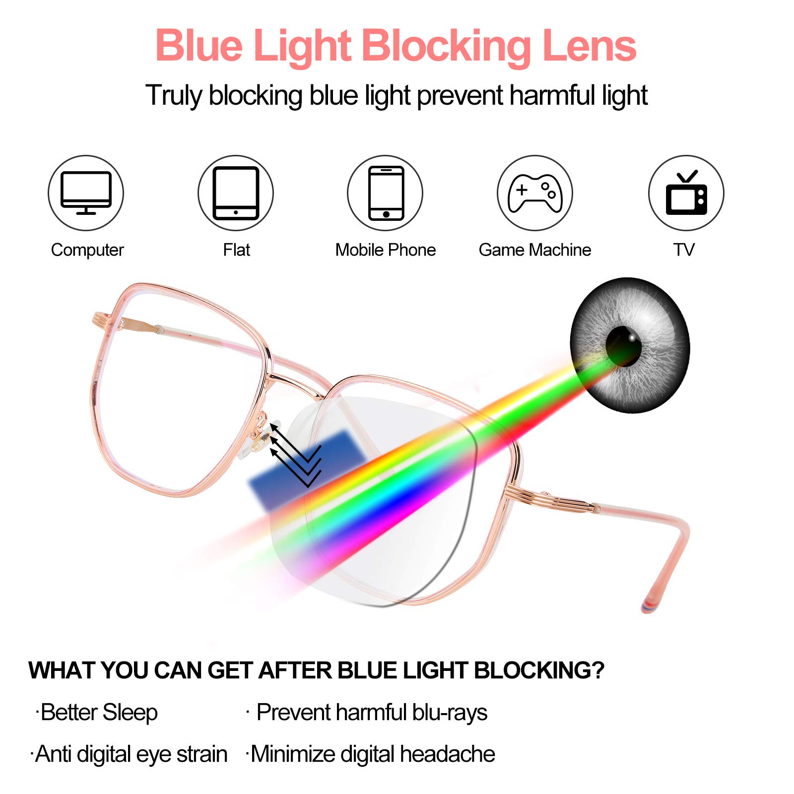 ViewFeast Blue Light Blocking Glasses Lightweight Eyeglasses Frame Filter Blue Ray Computer Game Glasses(Pink)