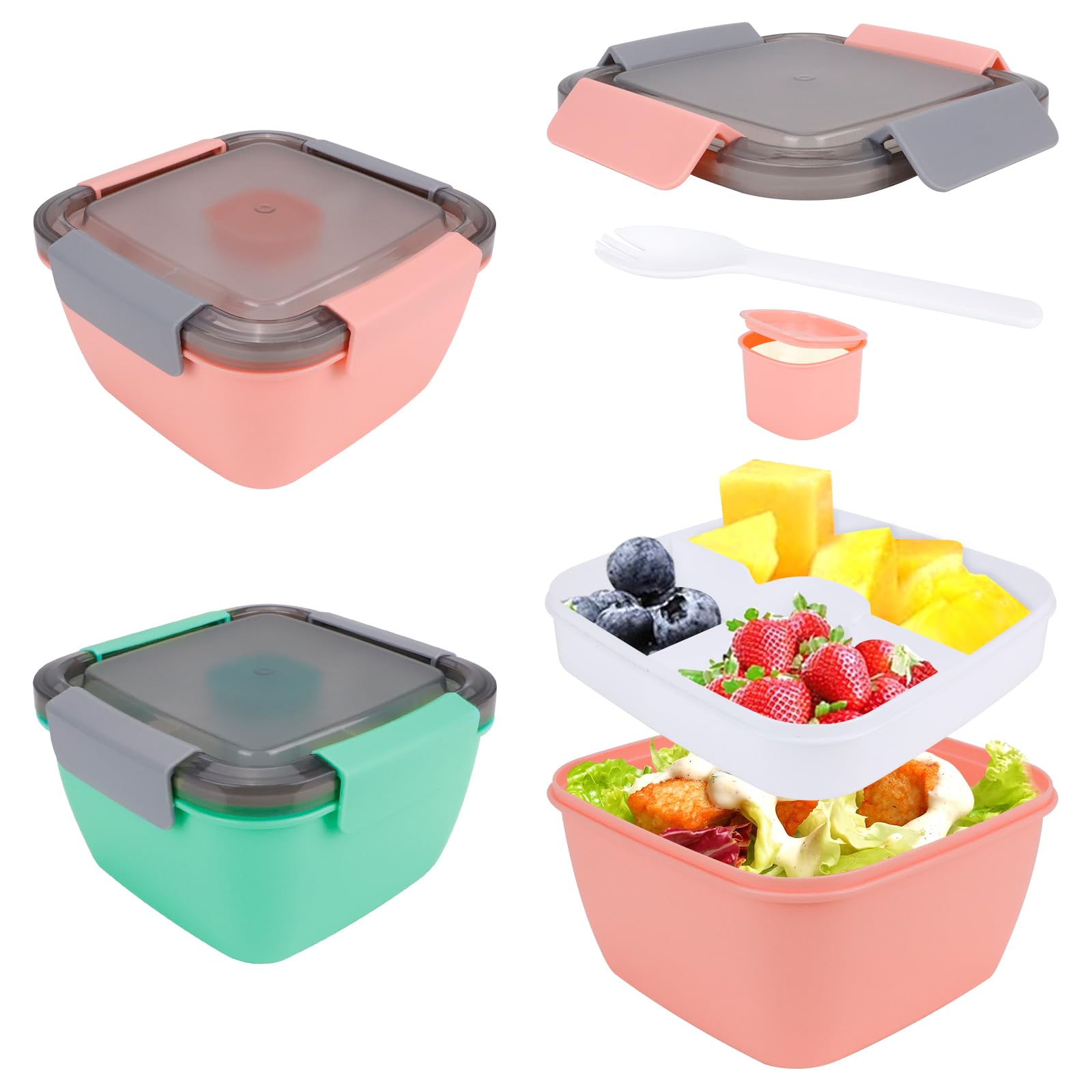 YSTDHL 2 Pack Salad Bowls, 52oz Reusable Salad Container, Large Lunch Box Containers for Salad Toppings, Fruit, Snacks, Microwave Available (Pink, Green)