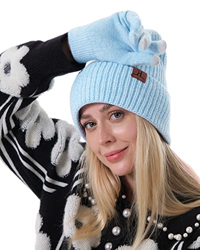 Womens Winter Knit Beanie Hats Touchscreen Gloves Warm Wool Hat and Gloves Set Skull Caps with Fleece Lined