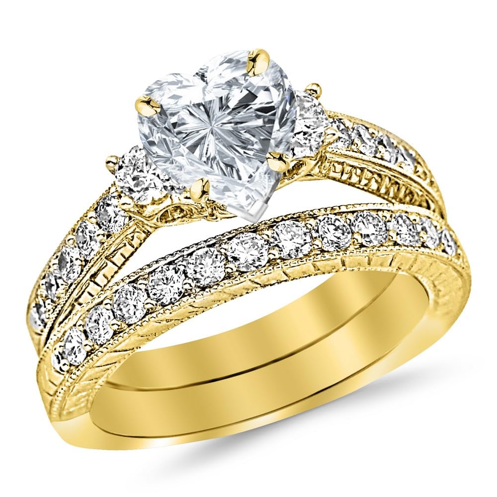 Yellow Gold Classic Channel Set Wedding Set Bridal Band & Diamond Engagement Ring with a 0.74 Carat Heart Cut E Color SI2 Clarity Center Stone