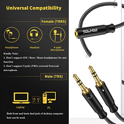 SOLMIMI Headphone Splitter for Computer (1M), 3.5mm TRRS Female to 2X3.5mm TRS Male Microphone Stereo Audio Jack, Compatibel for 4-Ring Headset to PC with Separate Microphone and Headphone Jacks.…