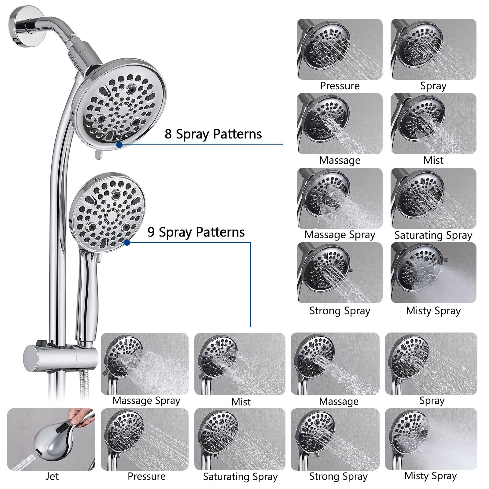 UCLIMAA Rainfall Shower Head with Handheld Shower Spray, with 26" Drill Free Adjustable Height Slider Bar, High Pressure Dual Shower Head Combo, 3-Way Diverter for Easy Reach, 5Ft Hose - Chrome Finish