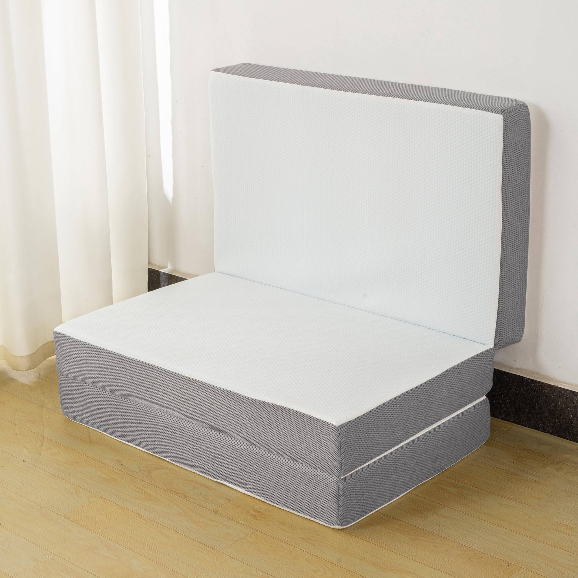 Treaton, 5-Inch Tri-Folding Gel Memory Foam Portable Floor Mattress | Breathable Mesh, Ultra Soft, Cot Pad, Removable and Washable Cover, Comfortable Support, Therapeutic Qualities, Queen, White