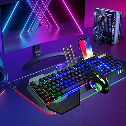Wireless Gaming Keyboard Mouse & Mouse Pad Combo,3 in 1 Rainbow Backlit Rechargeable Keyboard with 3800mAh Battery Metal Panel Removable Hand Rest,RGB Gaming Mouse Pad(32.5x12 inch),Mute Gaming Mice