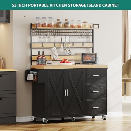 YITAHOME Large Rolling Kitchen Island with Storage Cabinet Drawer Tall Shelf, 53 Inch Big Portable Mobile Baker Rack Cart Movable on Wheels Thick Counter Glass Holder Hooks Spice Rack, Black & Oak