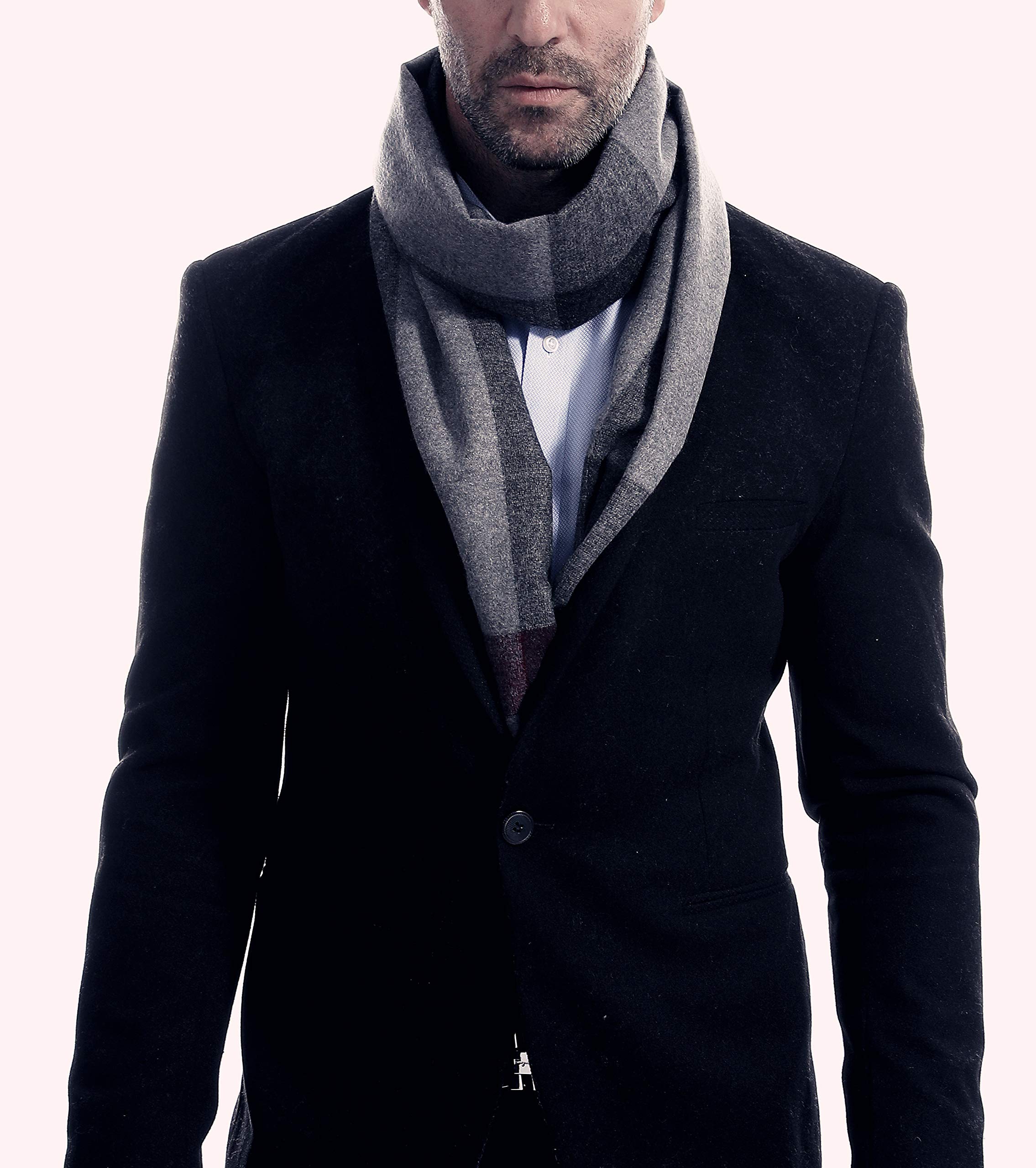 VEXTROFORT Men's Winter Scarf, Soft Long Cashmere Feel Scarves for Men with Fringes Tartan - Grey Black Red Plaid