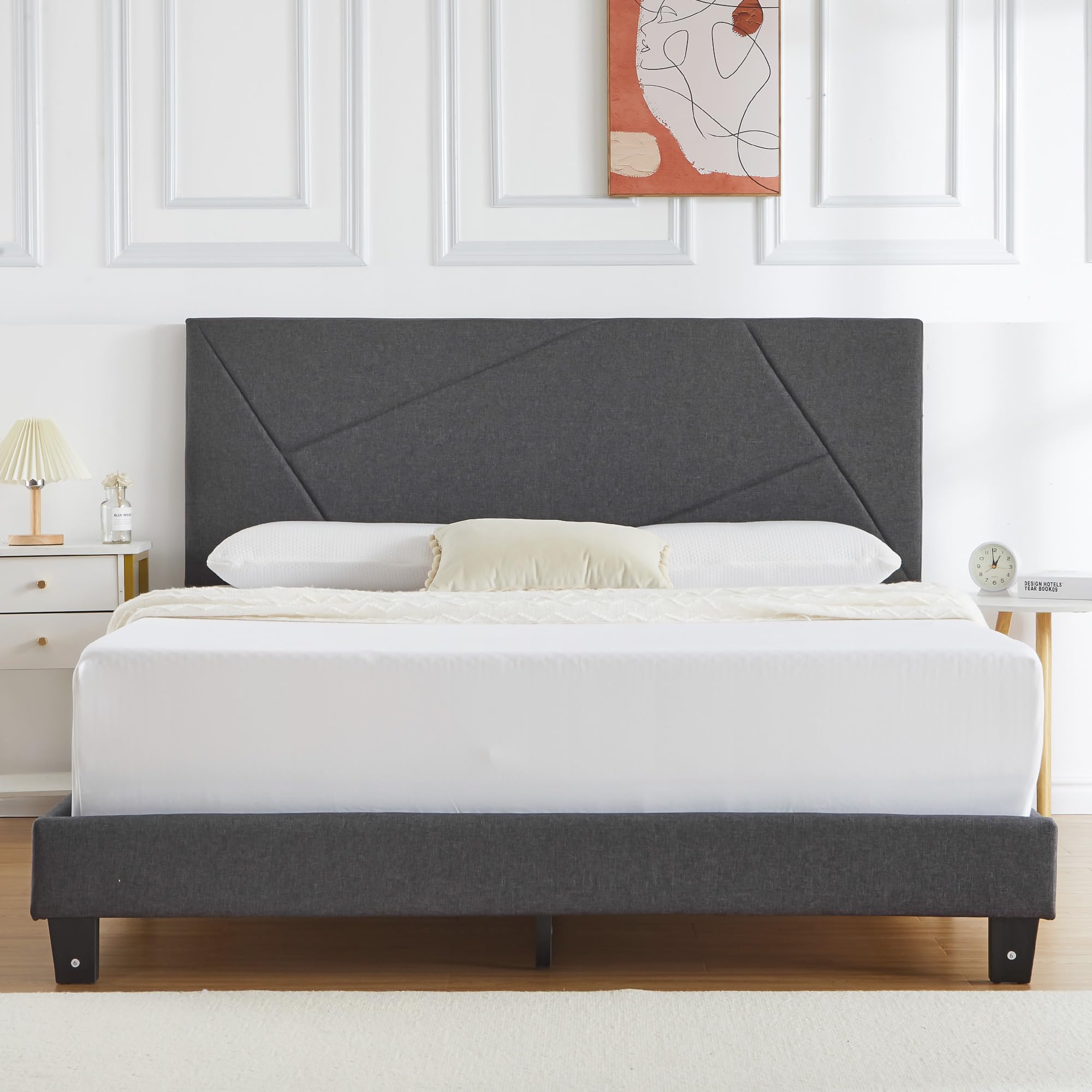 Tackview Upholstered Platform Bed Frame - Fabric Adjustable Headboard - Strong Wooden Slats - Mattress Foundation - No Box Spring Needed
