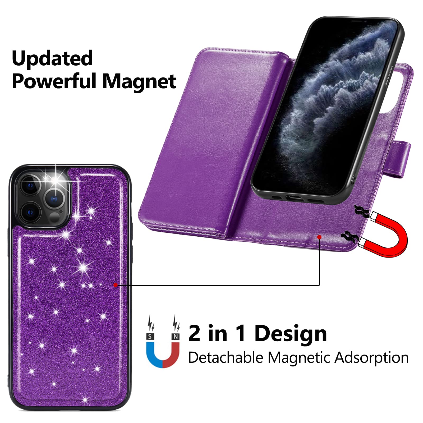 Varikke for iPhone 11 Pro Max Wallet Case, Detachable Magnetic Wallet Flip Cases for Women Men with Card Holder & Kickstand & Wrist Strap Fits iPhone 11 Pro Max Phone Cover Glitter PU Leather, Black