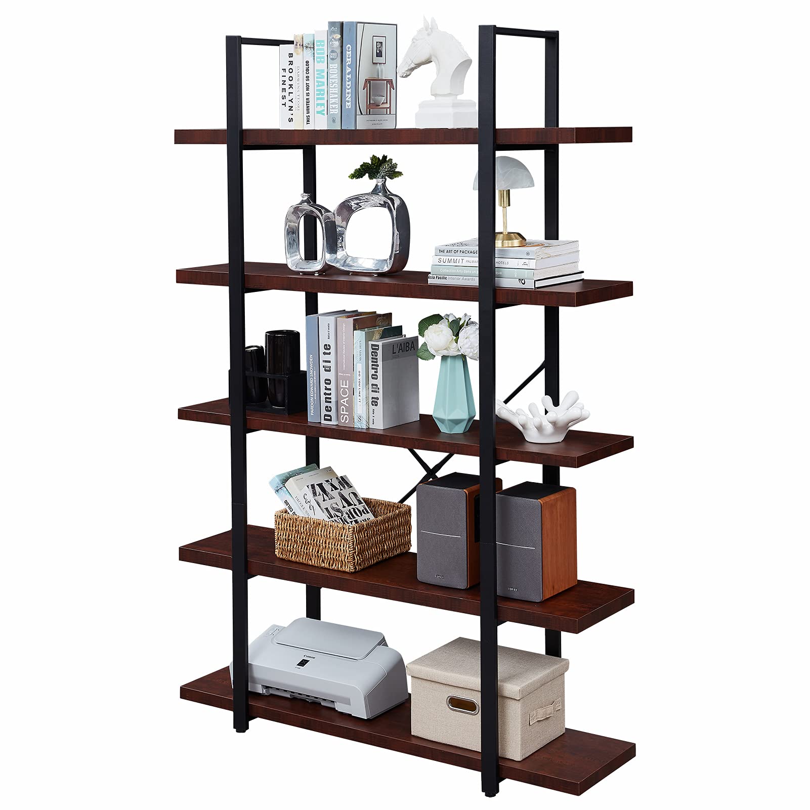SUPERJARE 5-Tier Bookshelf, Industrial Bookcase with Metal Frame, Modern Rustic Shelving Unit for Home Office, Wood Grain - Walnut
