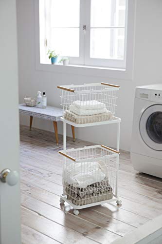 Yamazaki Home Laundry Basket Wagon-Large Storage Hamper Organizer | Steel + Wood | Short | Rolling Carts, White