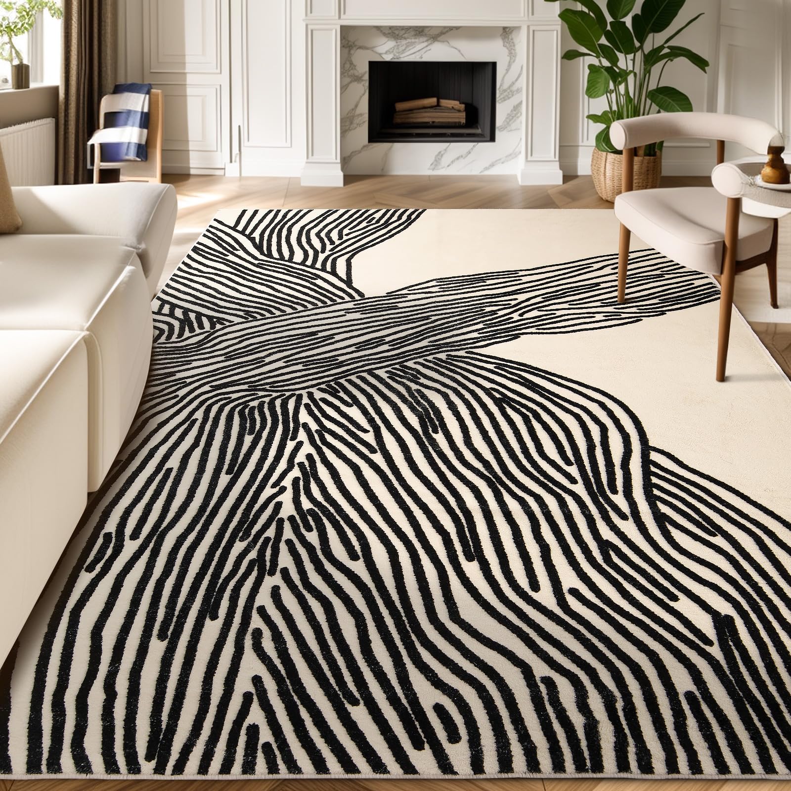 YIHOUSE 8Ć10 Ft Area Rugs Non-Shedding Washable Rug, Bedroom Living Room Dining Room Office Nonslip Modern Large Rugs Soft Faux Wool Carpet Indoor Contemporary Striped Rugs-Black and White Rug