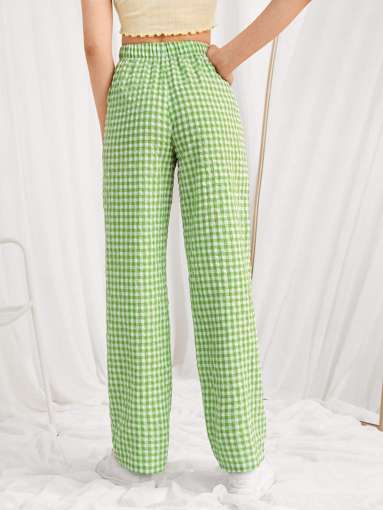 SOLY HUX Women's Casual Gingham Relaxed Fit Elastic High Waisted Straight Wide Leg Y2K Trousers Pants Lime Green M