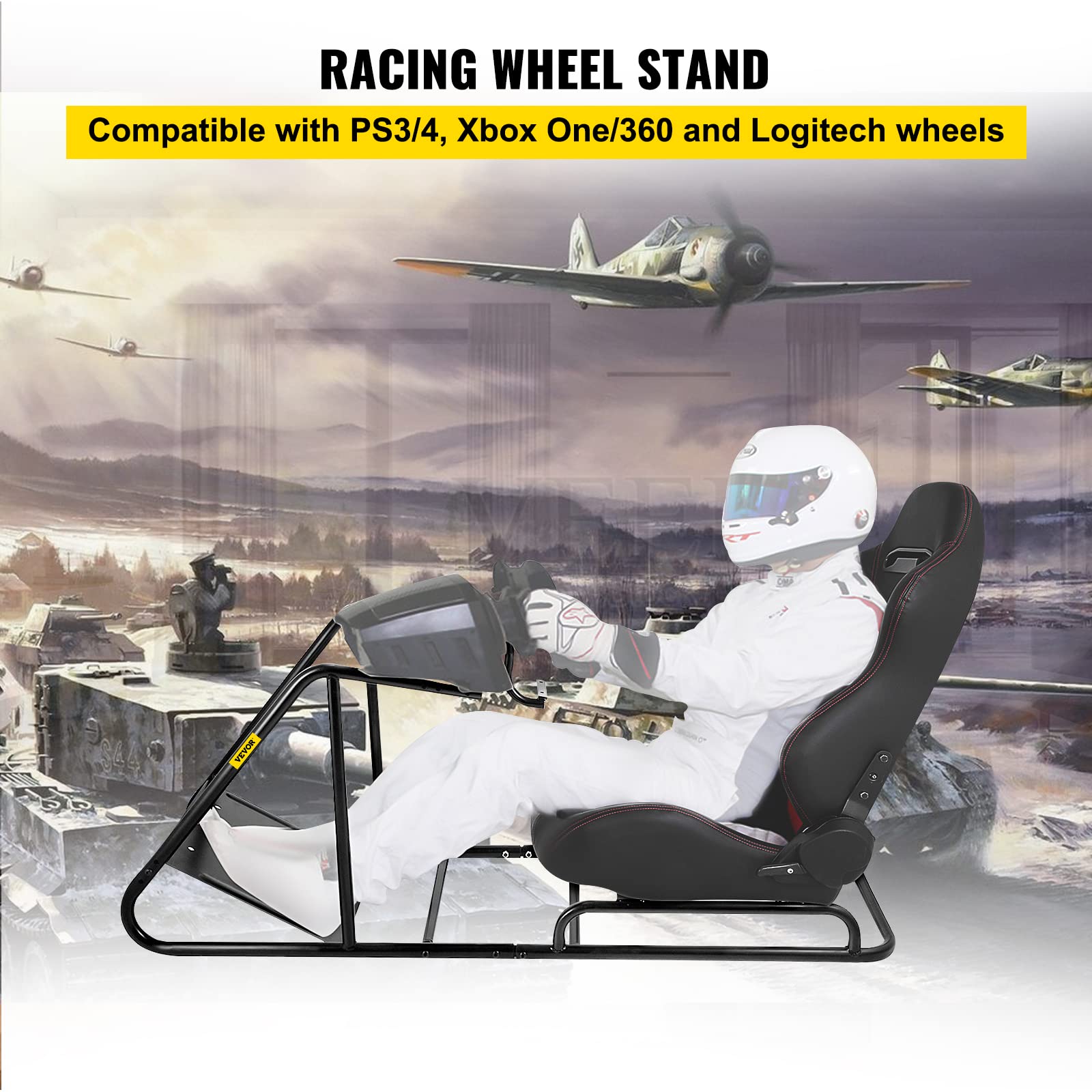 VEVOR Racing Wheel Stand, Pedal and Seat Adjustable Racing Simulator Cockpit, Carbon Steel Gaming Wheel Stand, Game Chair Highly Compatible with Logitech Wheels, Thrustmaster Wheels, PS3/4, Xbox 360