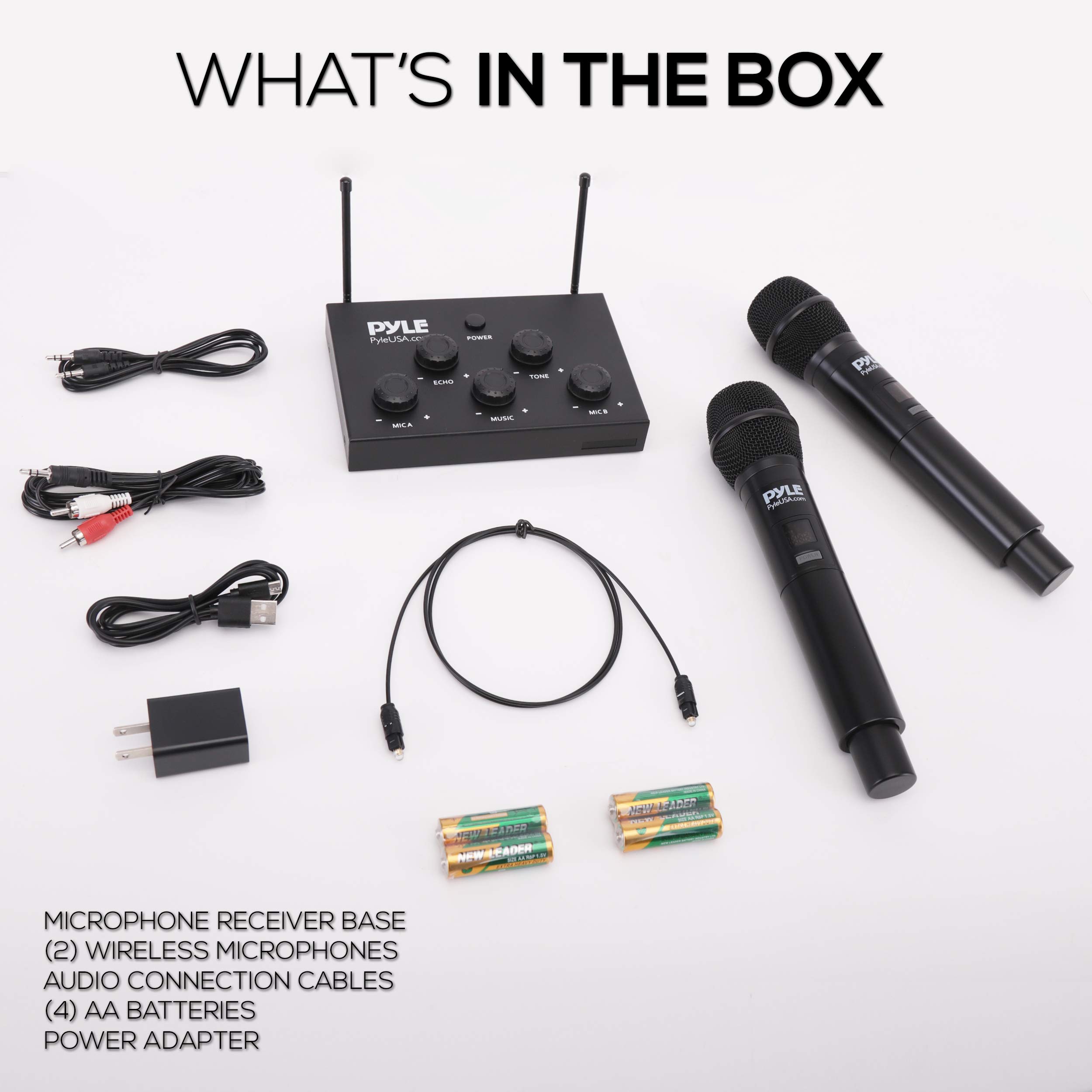 Wireless Karaoke Microphone Mixer System - 8-Channel Optical/Coaxial Input Mixer w/Digital UHF Wireless Mics, 3.5mm Input/Output, Works w/Home Theater, Receiver, Amplifier, Speaker - Pyle PDWMKHRD23