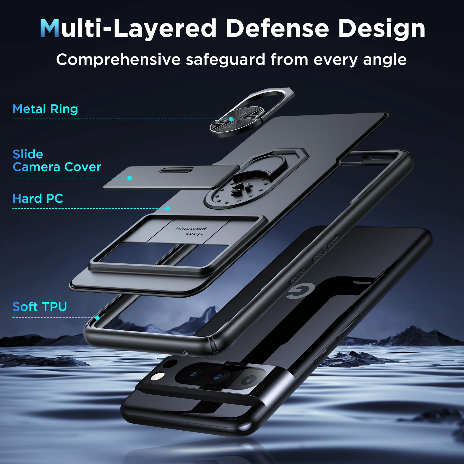 Simtect for Google Pixel 8 Pro Case with Sliding Camera Cover, [Military Drop Protection] [360° Rotation Ring Stand], Slim Protective Case for Google Pixel 8 Pro Phone Case 6.7'' - Black