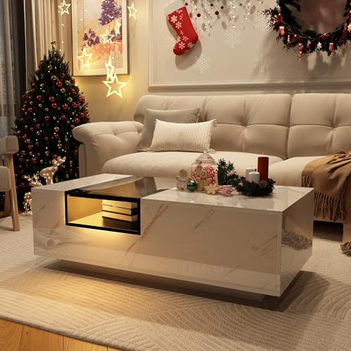 Uspeedy 47.3IN LED Coffee Table, White Coffee Table for Living Room,High Gloss Modern Coffee Table with APP Control, Large Coffee Table with Marbling Print(Marbling)