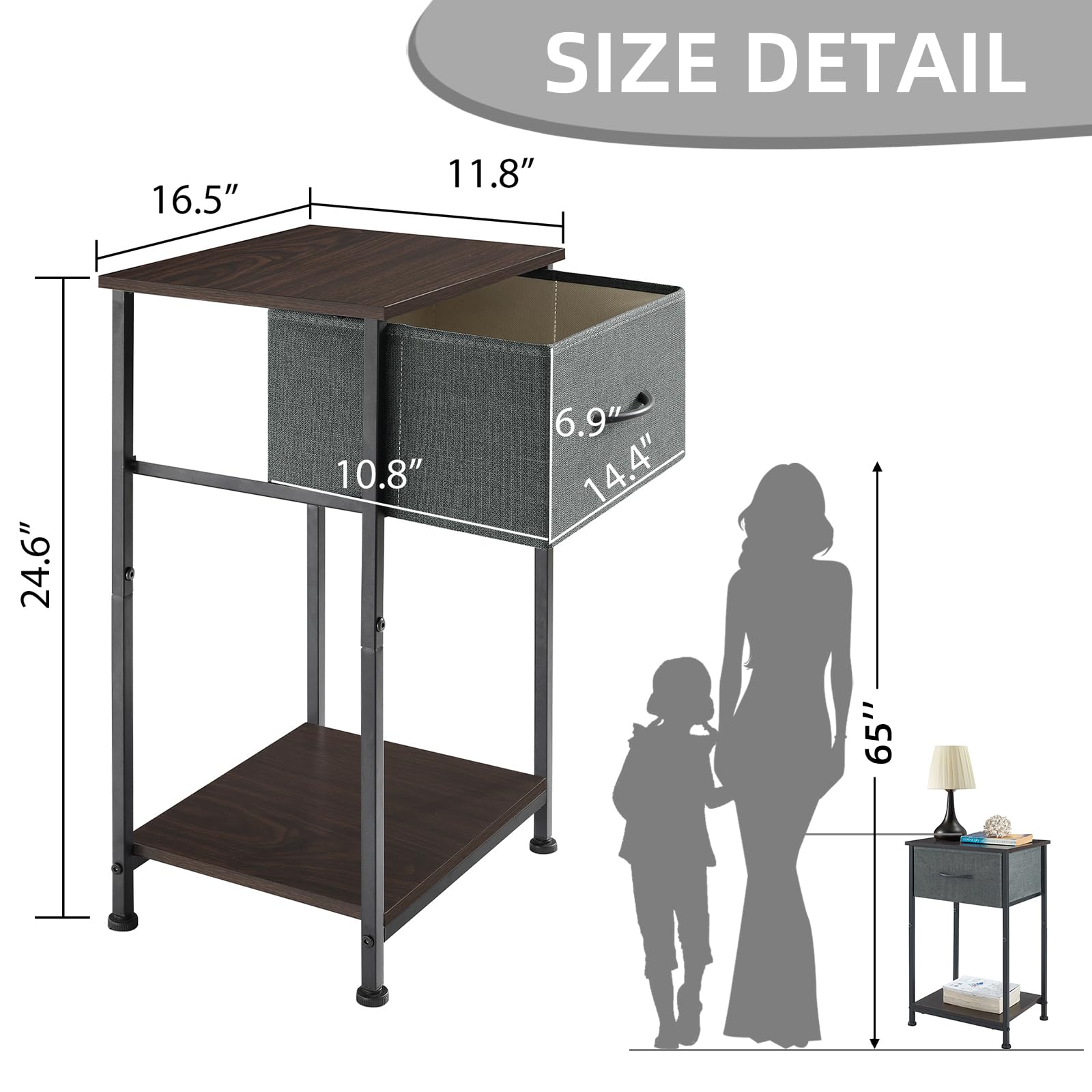 Somdot Nightstand Set of 2, Bedside Table End Table for Bedroom Dorm Nursery Living Room - Removable Fabric Drawer, Open Storage Shelf, Sturdy Steel Frame, Durable Wood Top - Black