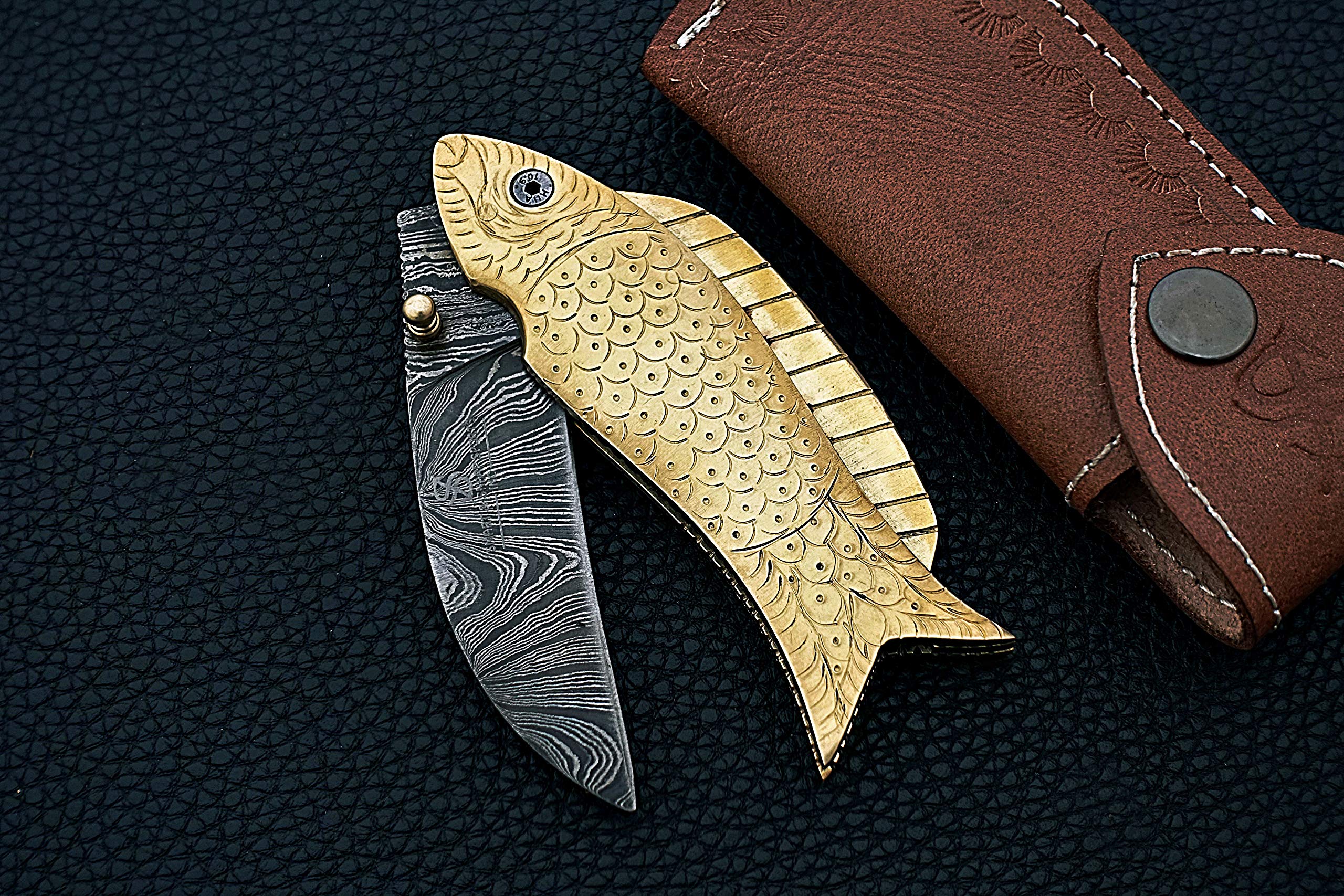 Smart & Sharp Custom Handmade Damascus Steel Fish Knife/Folding Knife/Pocket Knife SS-17370(Brass Engraved Handle) (brass)
