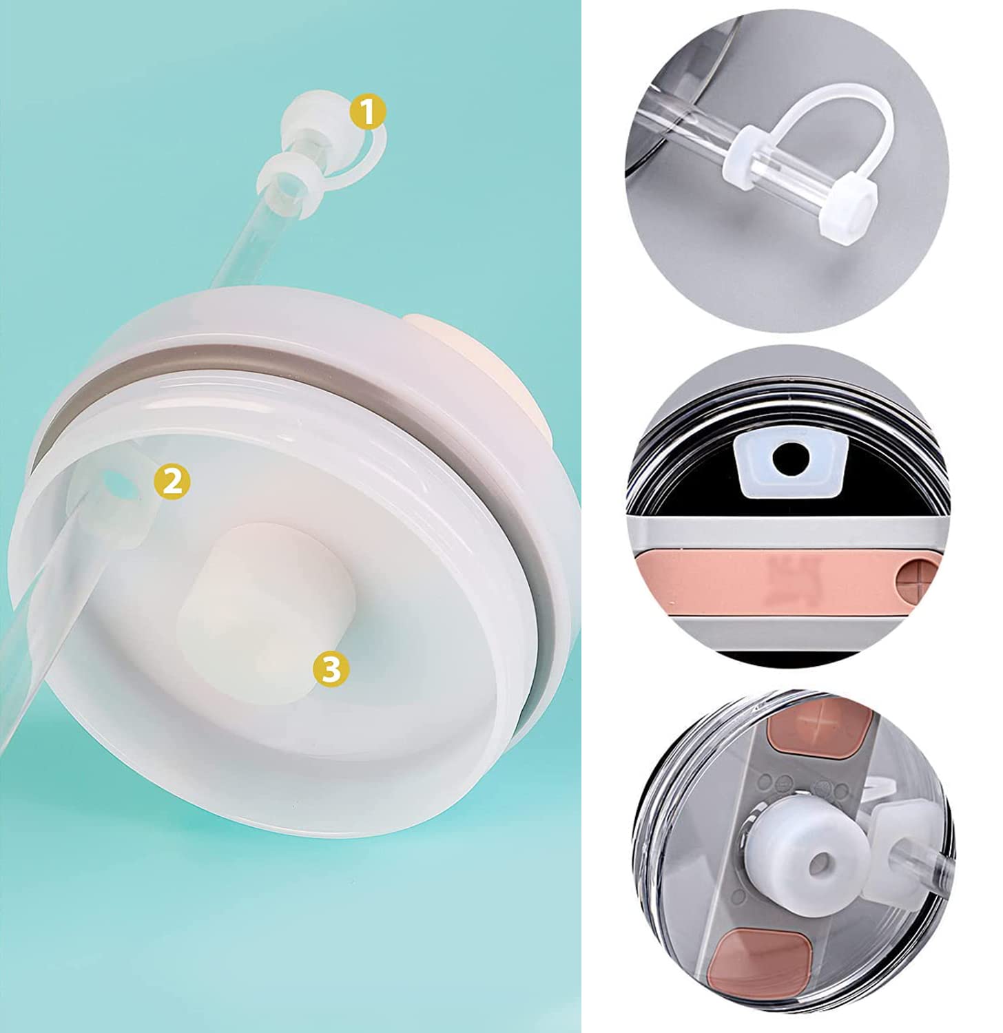 Silicone Spill Proof Stopper for Stanleys Cup 2.0 40oz/ 30oz, Including 2 Straw Cover Caps, 2 Square Spill Stopper and 2 Round Leak Stopper, Tumblers Accessories (for Stanleys Cup 2.0)