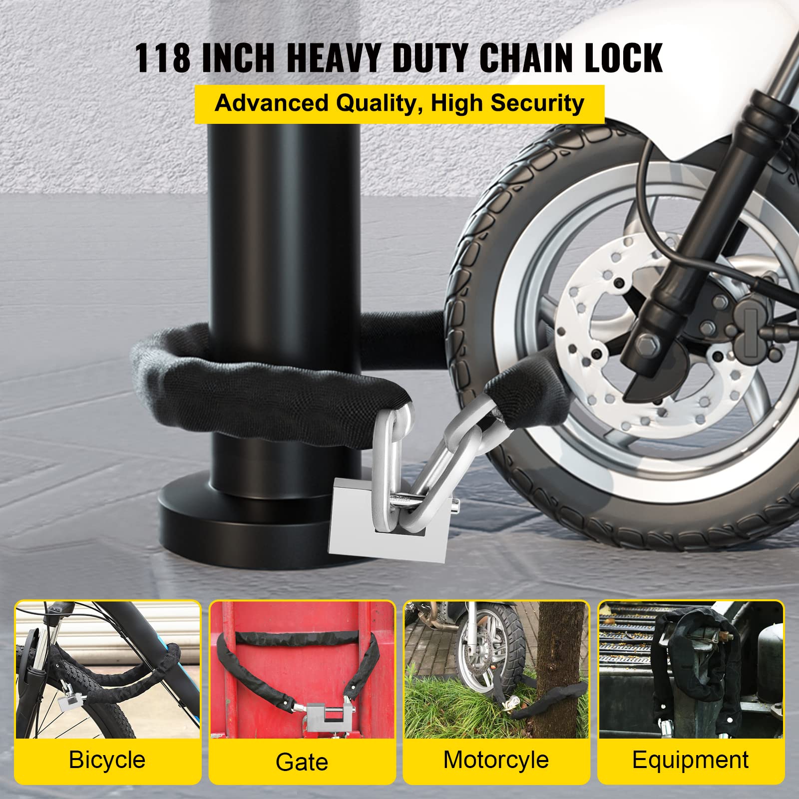 VEVOR Security Chain Lock, 118 Inch Long Chains and Lock Kit, 0.5" Thick Premium Case-Hardened Cable & Double Locks with 3 Keys, Heavy-Duty Locking Tool for Generator, Motorcycle, Bicycle, Scooter