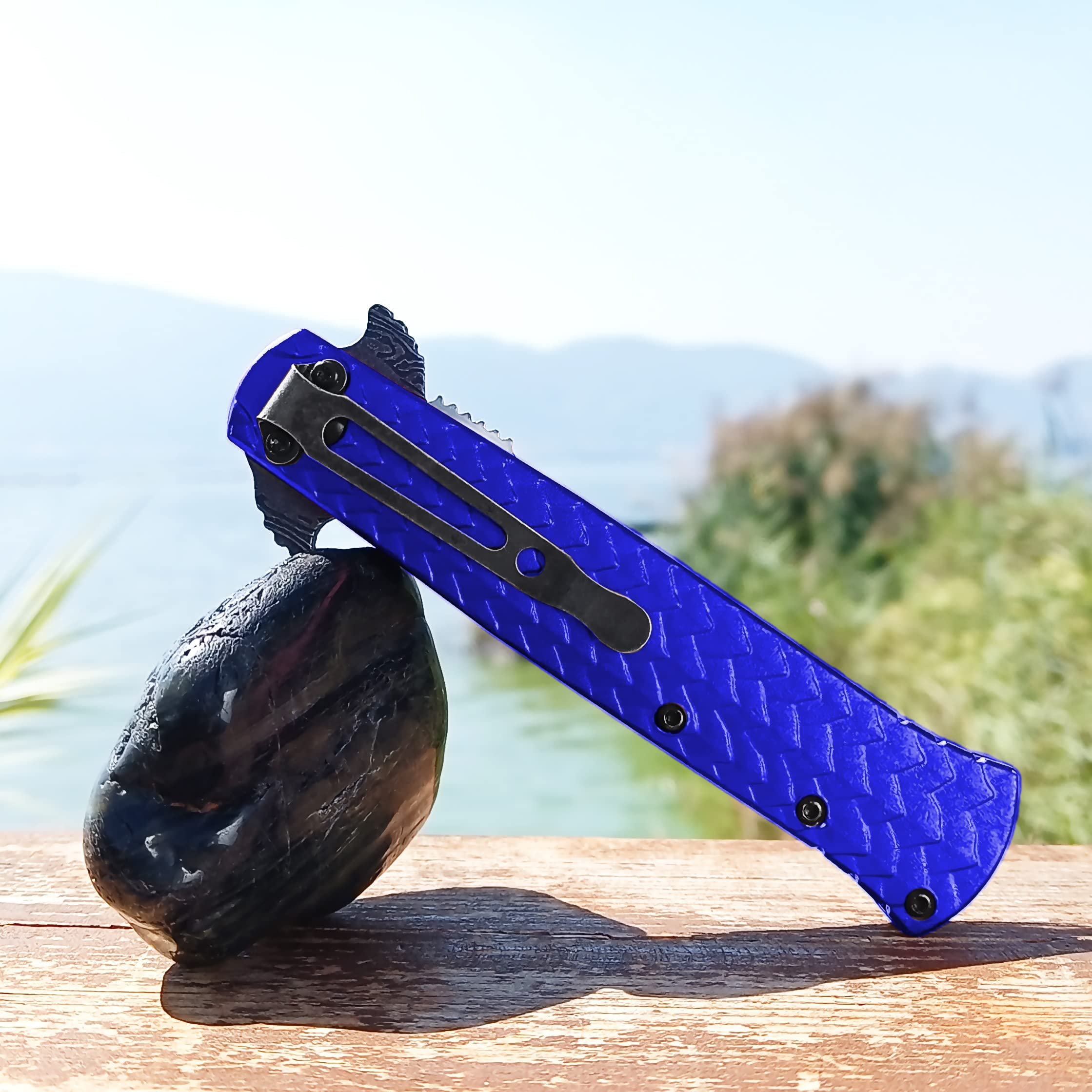 Single Edged Folding Knife With Sheath, Cool Pocket Knife for Men With 3D Dragon Relief, Great Gift Edc Knife For Men Outdoor Survival Camping Hiking Hunting (Black-blue)