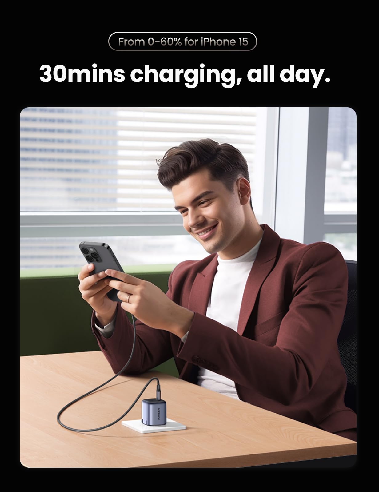 UGREEN Nexode 30W USB C Charger with 60W USB C Cable, iPhone 15 Charger Foldable GaN PPS Compact Fast Wall Charger Block for iPhone 15/14, Galaxy S24 Ultra/S23, Pixel 8 Pro, MacBook Air, iPad Pro