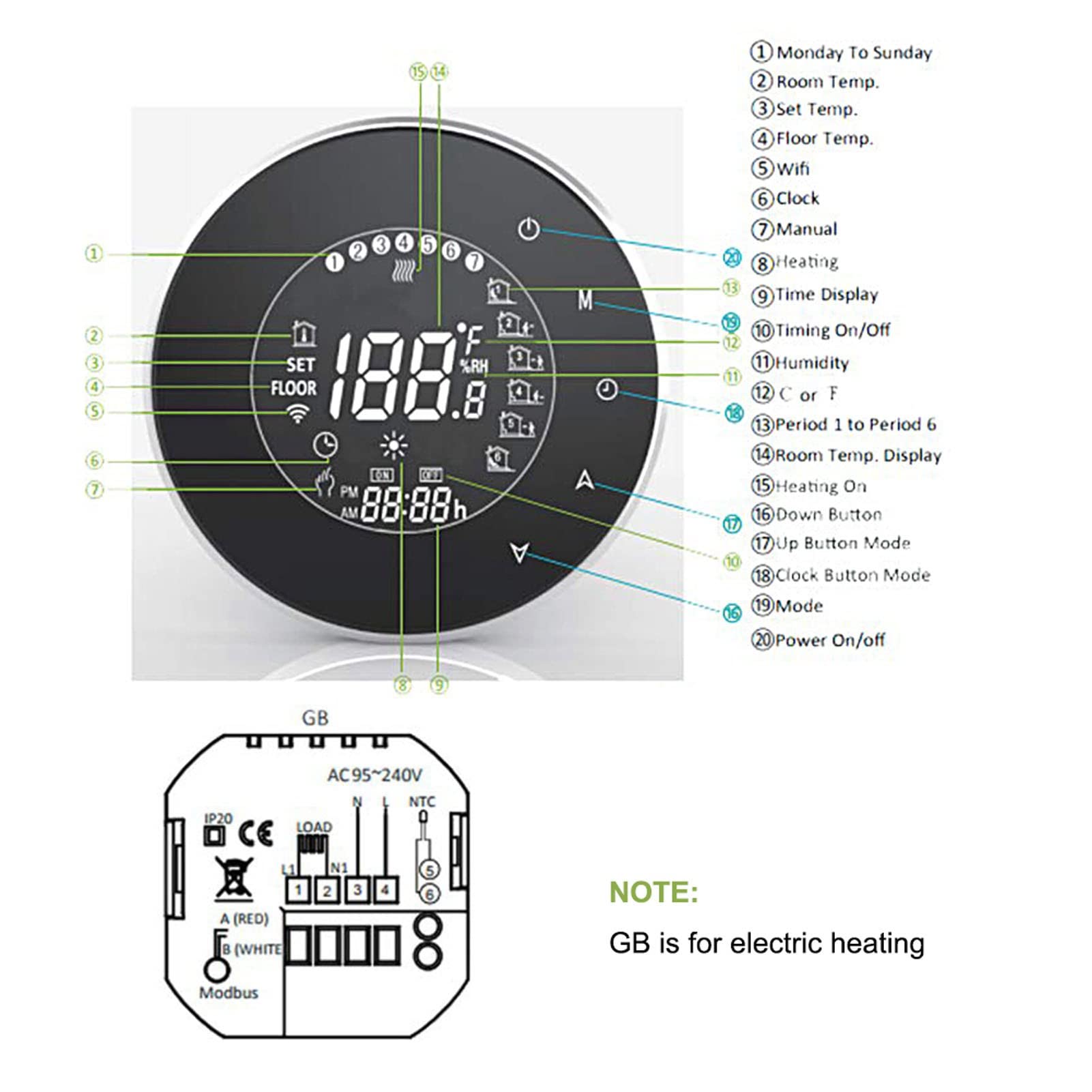 Smart Floor Heat Thermostat, WiFi Voice Phone Control LCD Touch Screen Thermostat for Electric Heating Systems 95β240VAC