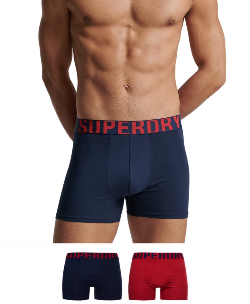 Superdry Mens Organic Cotton Boxer Dual Logo Double Pack Richest Navy/Risk Red Size L