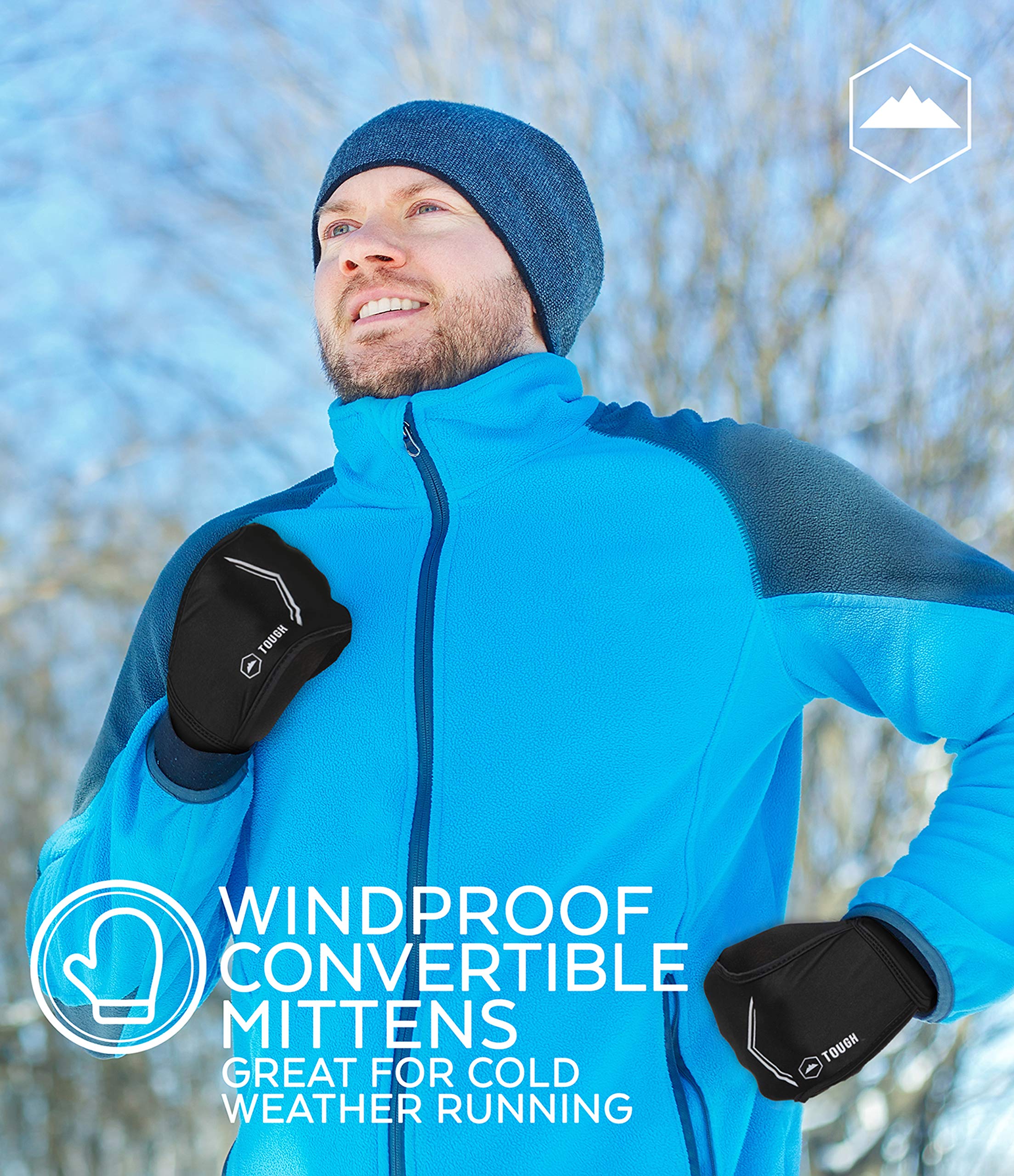 Tough Outdoors Running Mitten Gloves with Touch Screen - Winter Glove Liners with Convertible Mittens Cover for Texting