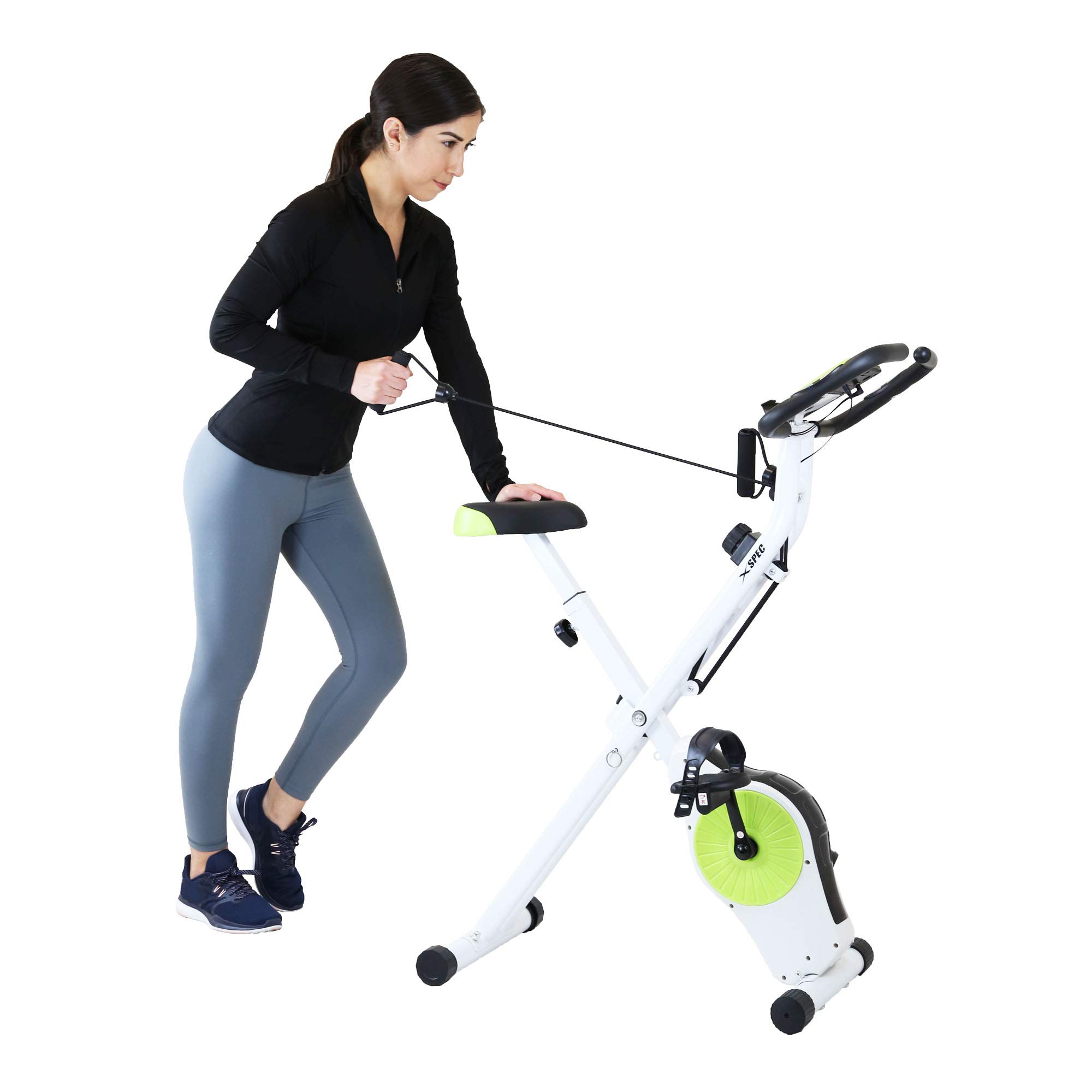 Xspec Indoor Foldable Stationary Upright Exercise Cardio Workout Cycling Bike with 16 Level Resistance & Arm Resistance Bands, Lime