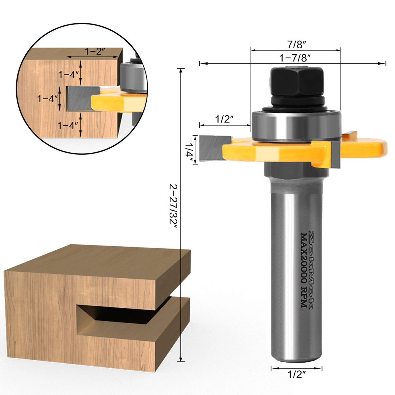 Tongue and Groove Router Bits Set, ZOKMOK Plus 3 Teeth Adjustable T Shape Router Bits Set, 1/2'' Shank, 1/4'' Cutter