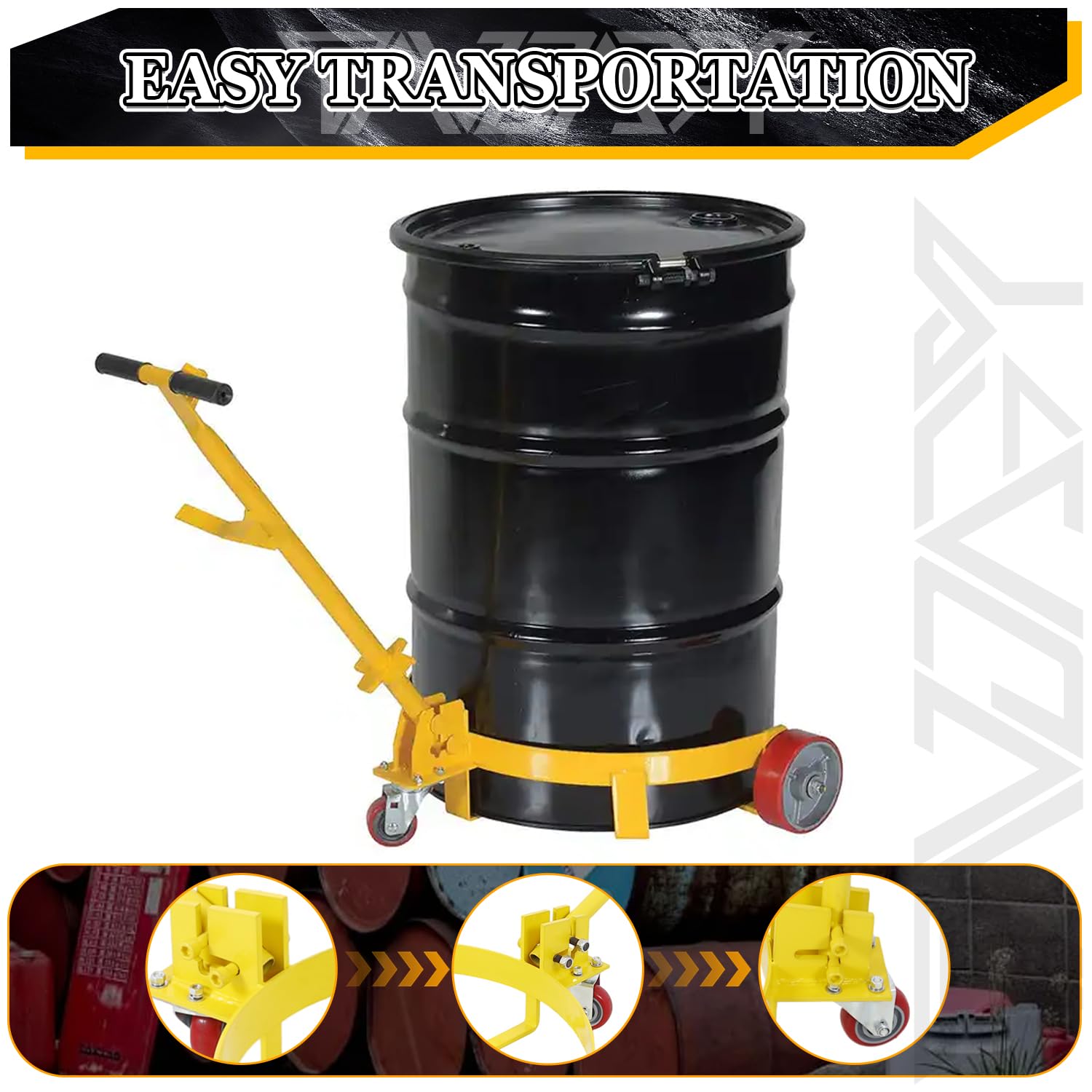 Tandagy 55 Gallon Drum Dolly 1200lbs Capacity Oil Drum Cart with Pivoting T Handle Low Profile Oil Barrel Drum Roller Cart Heavy Duty Oil Drum Caddy with Rotating Wheels for Workshop Factory Warehouse