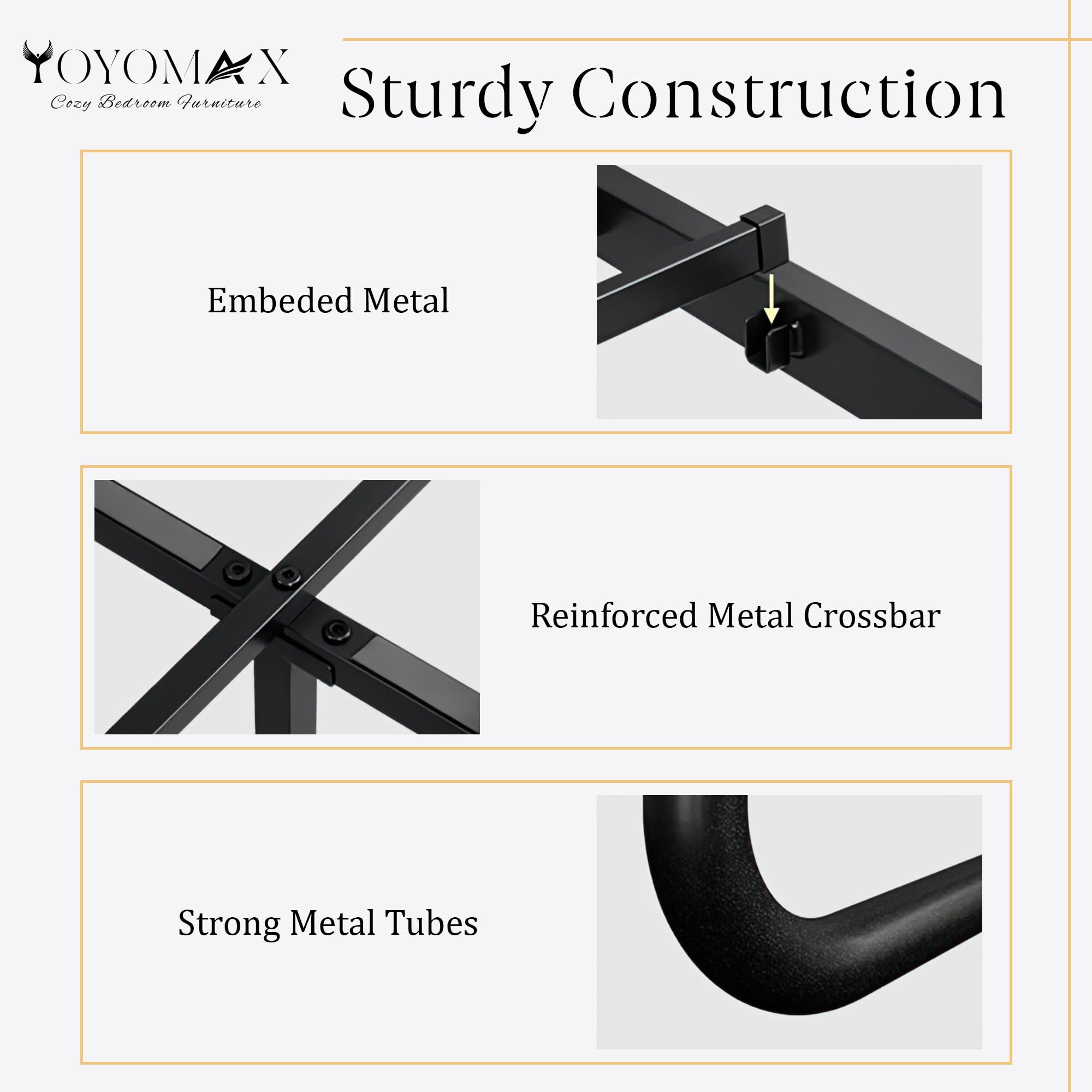 yoyomax Queen Size Bed Frame - Sturdy and Heavy Duty Bed Frame with Stylish Faux Leather Headboard, Noise-Free for Comfort and Support (Black)
