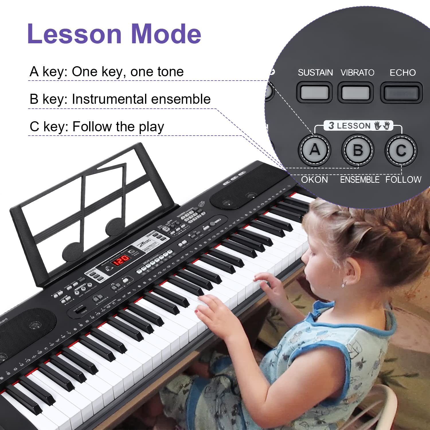 ZHRUNS Electric Keyboard Piano 61-Key, Multifunctional Musical Piano Keyboard Portable with Headphone Jack & Microphone,USB MP3 Play, Dual Power Supply,Music Sheet Stand for Beginners/Adults