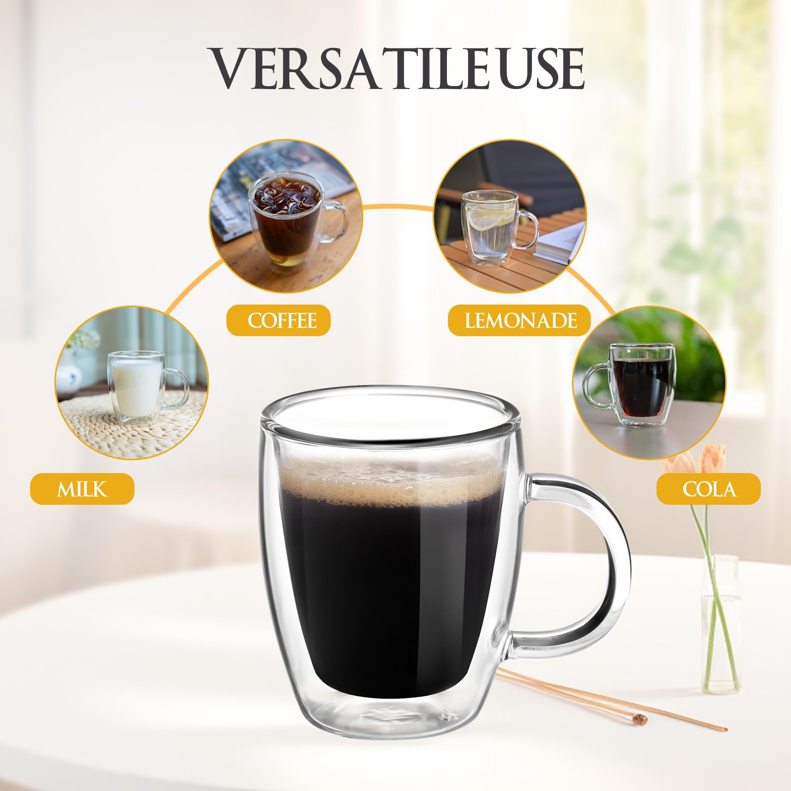 YUNCANG 5.5 oz Espresso Mugs (Set of 2), Double Wall Glass Coffee Cups with Handle Insulated Glasses Espresso Mugs