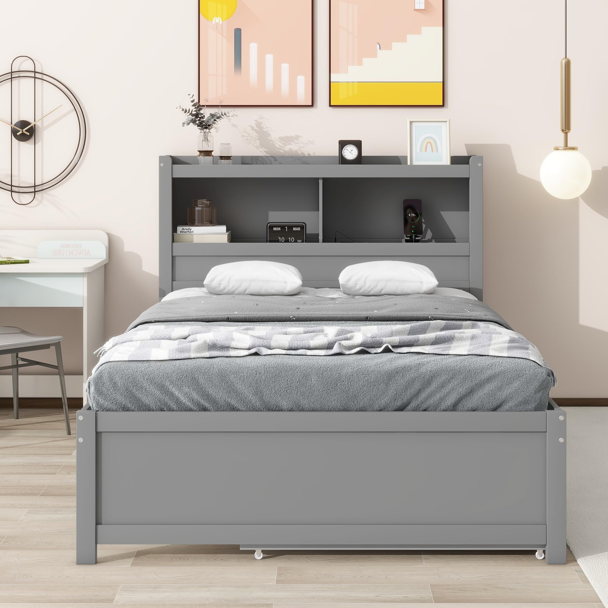 SIYSNKSI Full Size Platform Bed with Trundle, Wooden Platform Bed Frame with Drawers and USB Plugs, Multi-Function Platform Bed for Kids Teens Boys Girls Bedroom, Easy Assembly (Gray + Pine-31a)