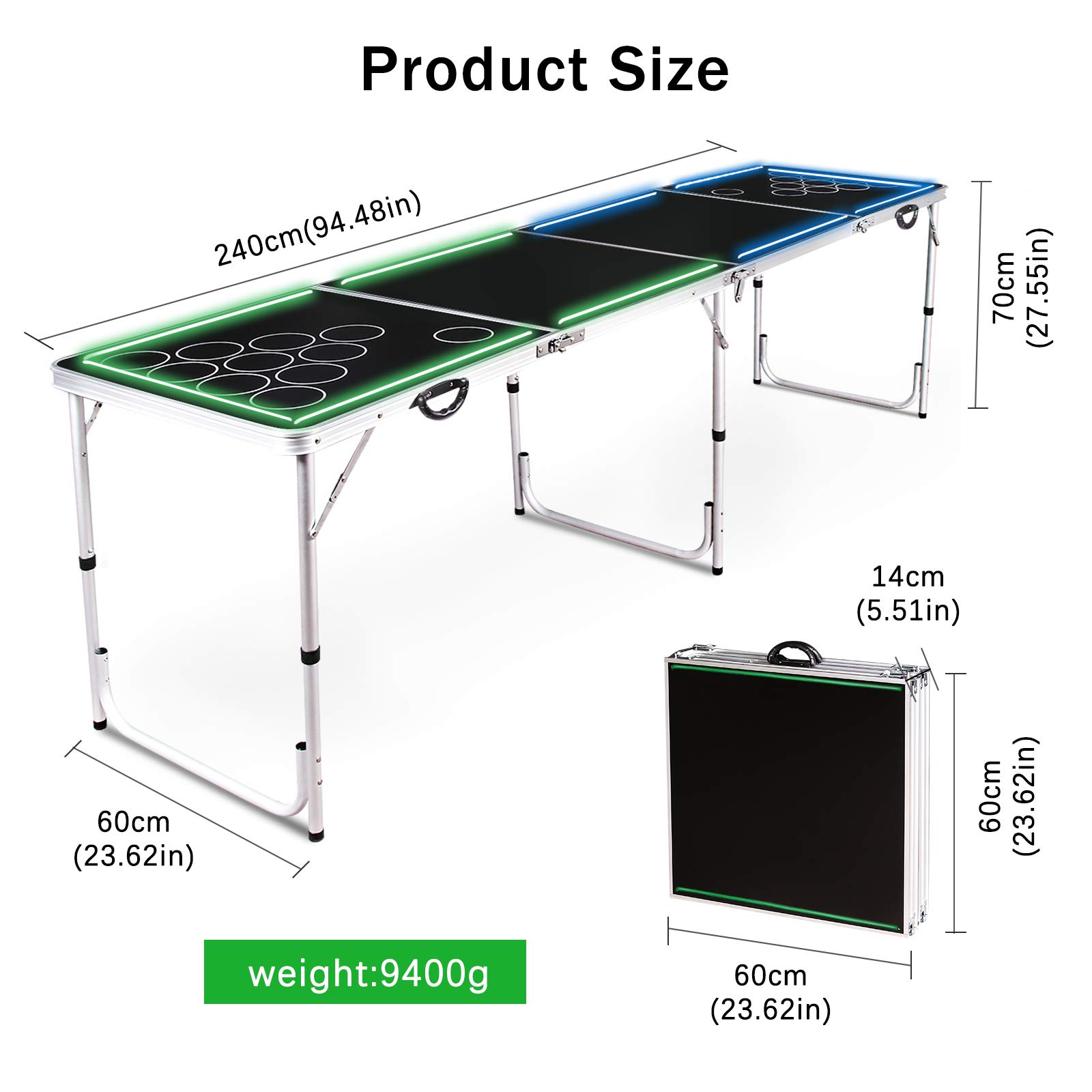Wodesid 8FT Portable Beer Pong Tables with Carrying Handle Tailgate Desk Lightweight Adjustable Height Aluminum Folding Flip Cup Table for Indoor Outdoor, Picnic Party Camping (8 Feet)