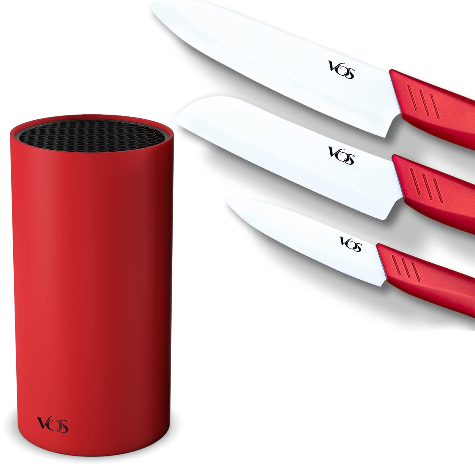 Vos Universal Knife Block and Ceramic Kitchen Knives With Covers, Ceramic Paring Knife 4", 5", 6" Inch Red