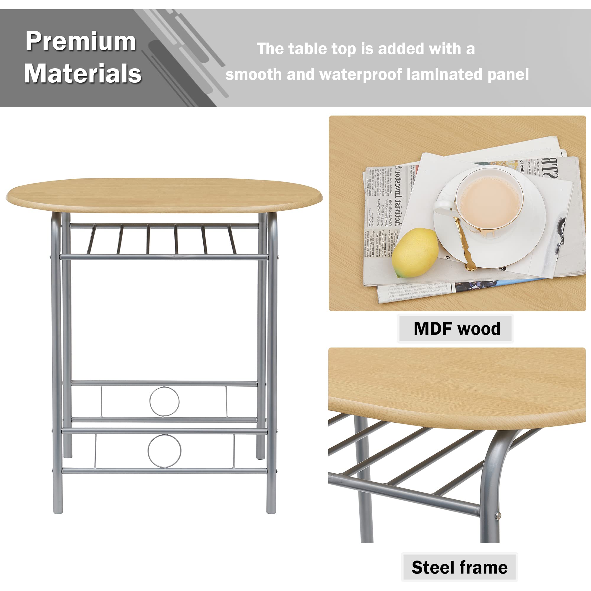 VECELO 3 Piece Wood Round Table & Chair Set for Dining Room Kitchen Bar Breakfast, with Wine Storage Rack, Space Saving, 31.5", Natural and Silver