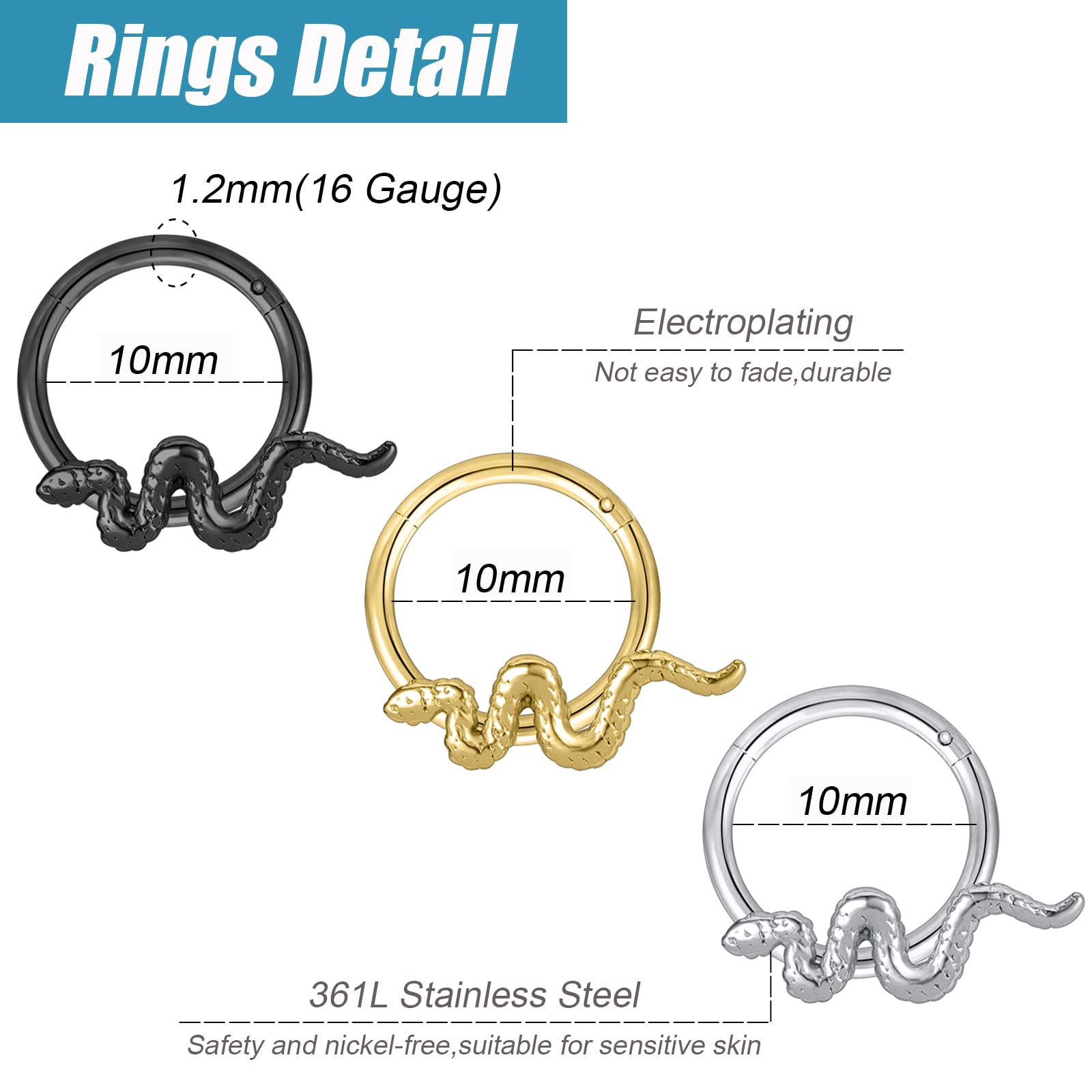 ZS CZ Vampire Bat Halloween Septum Clicker Rings, Snake Bee Hinged Segment Rings, Daith Earrings Helix Tragus Cartilage Piercing Jewelry (Bee:8mm)