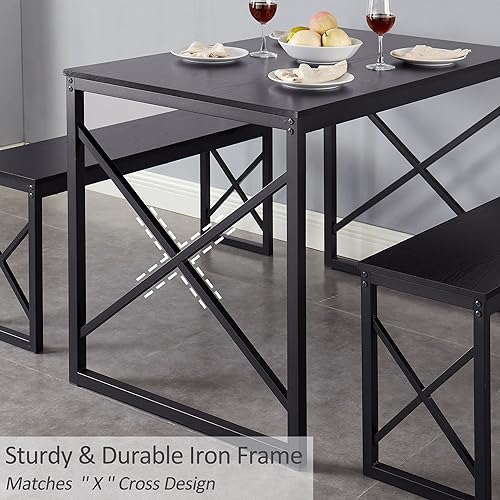 VECELO Kitchen Table with 2 Benches for 4, Wood Dining Room Dinette Sets with Metal Frame for Breakfast Nook and Small Space, 43.3", Black