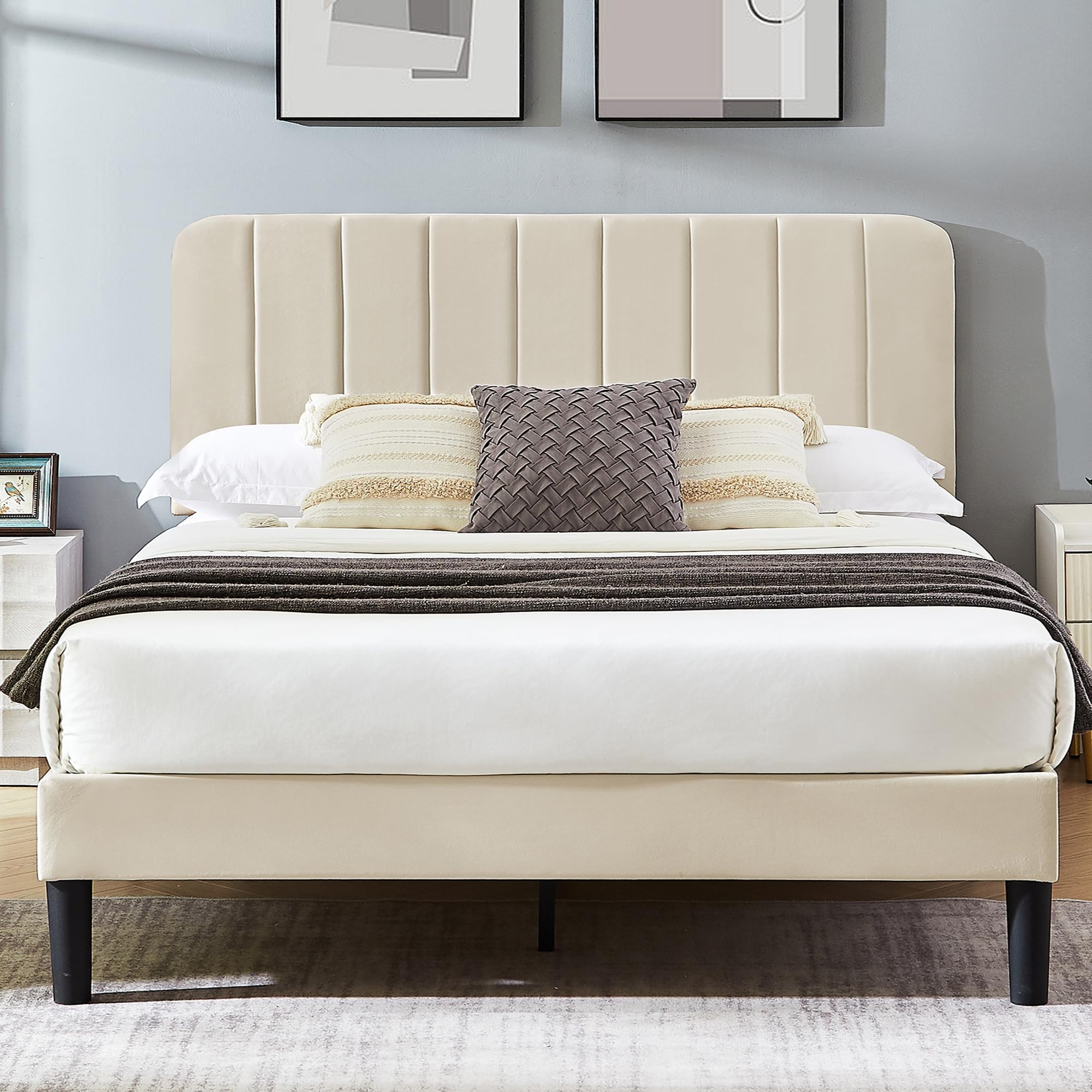 VECELO Queen Size Upholstered Bed Frame with Adjustable Headboard, Velvet Platform Bedframe Mattress Foundation, Strong Wood Slat Support, No Box Spring Needed, Beige