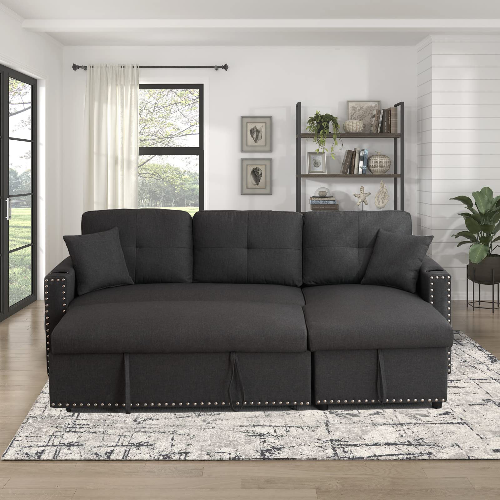 Sleeper Sofa Bed Pull Out Couch Reversible Sectional Sofa for Small Space Loveseat Sleeper with Storage Chaise & Cup Holder for Living Room/Apartment/Basement (Dark Grey)