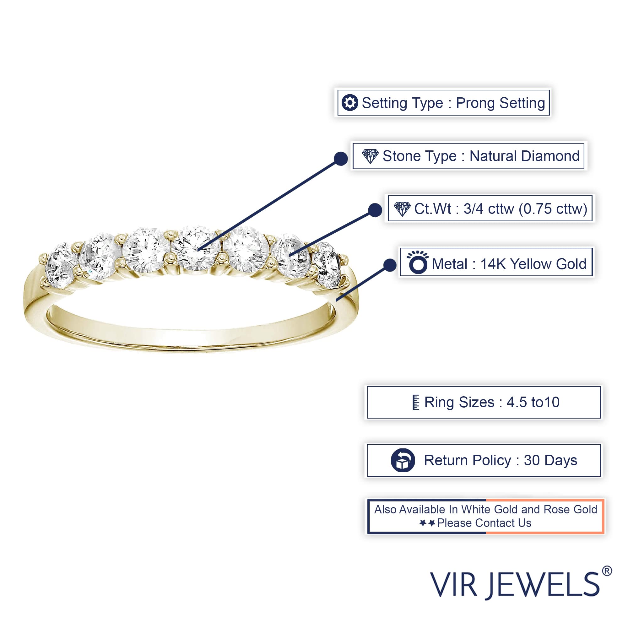 Vir Jewels 3/4 cttw Diamond Wedding Anniversary Band for Women, Round Diamond Engagement Ring 14K Yellow Gold 7 Stones Prong Set, Size 5.5
