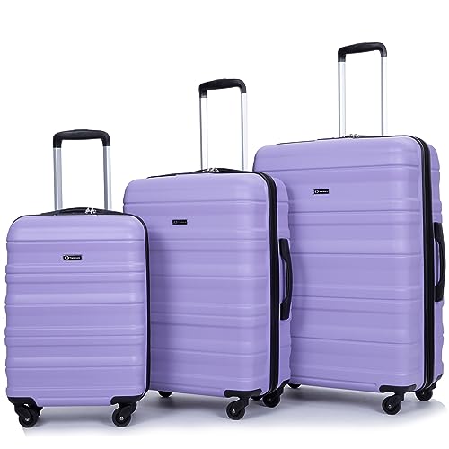 Tripcomp 3 Piece Luggage Sets, PC Lightweight Expandable Suitcase with Two Hooks, Spinner Wheels, TSA Lock, Purple (20/24/28)